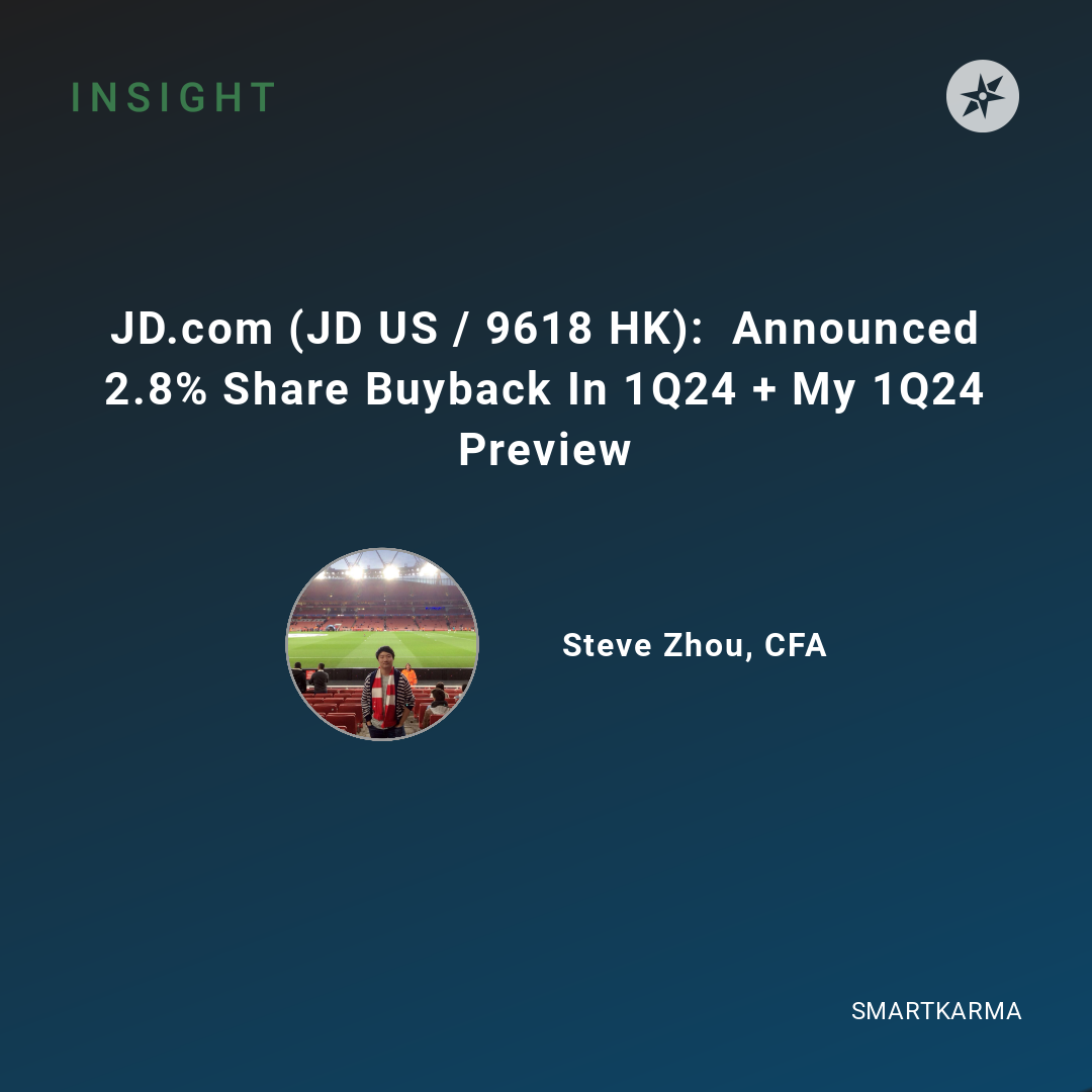 JD.com (JD US / 9618 HK): Announced 2.8% Share Buyback In 1Q24 + My 1Q24 Preview - Steve